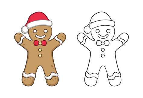 Cute Gingerbread Man With A Bow Tie And Santa Hat Outline And Colored Doodle Cartoon