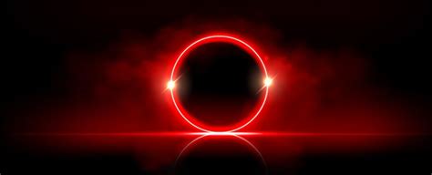 구름 연기 효과와 함께 빨간 네온 서클 라이트 프레임 Led 추상 반지 빛과 플레어 현실적이고 신비로운 레이저 둥근 초현실적인