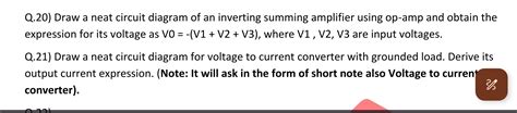 Q20 Draw A Neat Circuit Diagram Of An Inverting Summing Amplifier Using