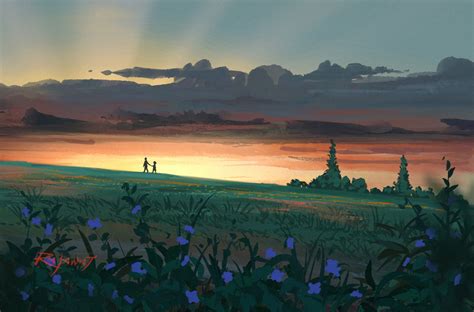 Safebooru 1boy 1girl Artist Name Blue Flower Clouds Flower Grass