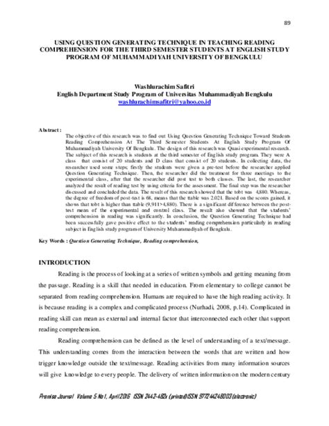 Pdf Using Question Generating Technique In Teaching Reading Comprehension For The Third