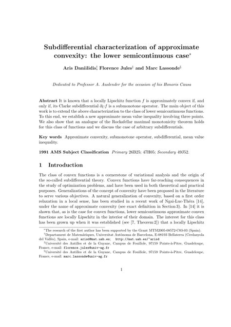 Pdf Subdifferential Characterization Of Approximate Convexity The Lower Semicontinuous Case