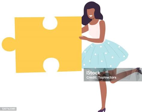 퍼즐 요소를 연결하는 젊은 여자 큰 노란색 직소 조각을 들고 추상적 인 퍼즐을 조립 어려운 문제 만화 스타일 벡터 일러스트를 해결 개념에 대한 스톡 벡터 아트 및 기타