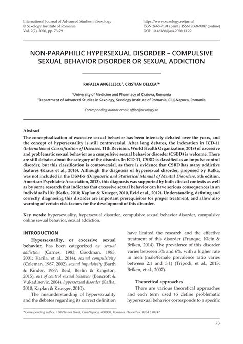 PDF Non Paraphilic Hypersexual Disorder Compulsive Sexual Behavior Disorder Or Sexual Addiction