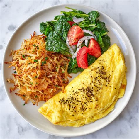 Easy Omelet Dinner For One With Sweet Potato Hash Browns And Salad