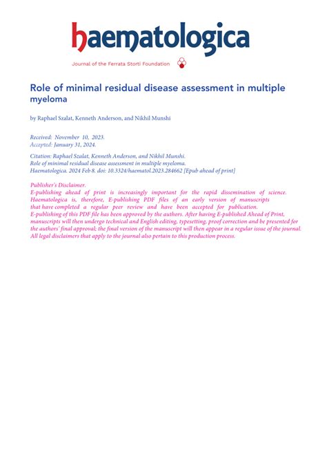 Pdf Role Of Minimal Residual Disease Assessment In Multiple Myeloma