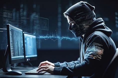 Premium Photo Side View Of Hacker Using Computers At Desk With