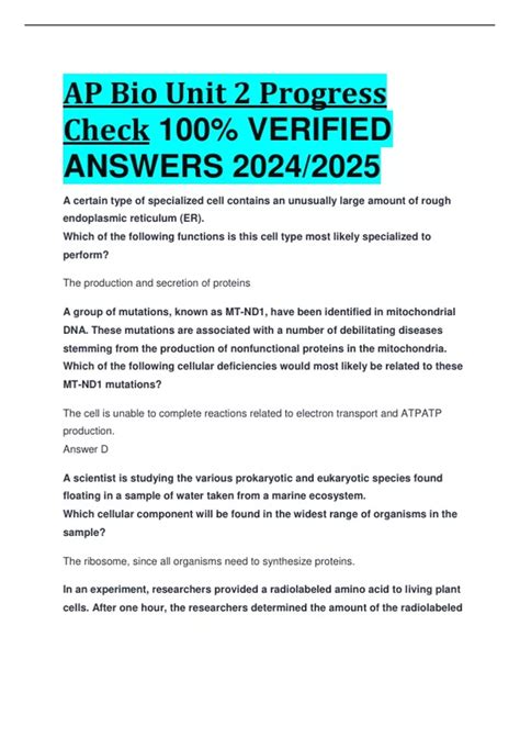 AP Bio Unit 2 Progress Check 100 VERIFIED ANSWERS 2024 2025 APES Stuvia US