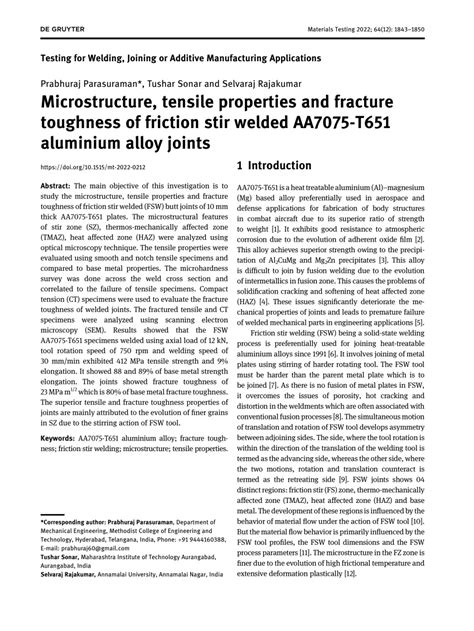 Pdf Microstructure Tensile Properties And Fracture Toughness Of Friction Stir Welded Aa7075