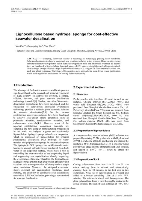 Pdf Lignocellulose Based Hydrogel Sponge For Cost Effective Seawater