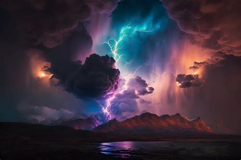 Lightning With Colorful Dramatic Clouds Neural Network Ai Generated