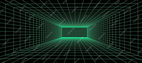 Premium Vector 3d Wireframe Green Room Abstract Perspective Grid Retro Futuristic Concept
