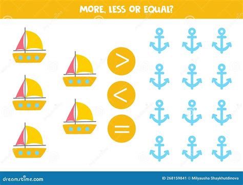 more less or equal with cartoon yacht and anchor stock vector