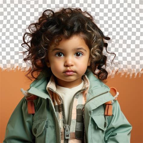 동아시아 소녀 곱슬머리 지붕 옷 돌린 머리 포즈 파스텔 민트 배경 희망적인 비전 프리미엄 Psd 파일