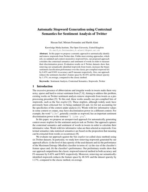 Pdf Automatic Stopword Generation Using Contextual Semantics For Sentiment Analysis Of Twitter