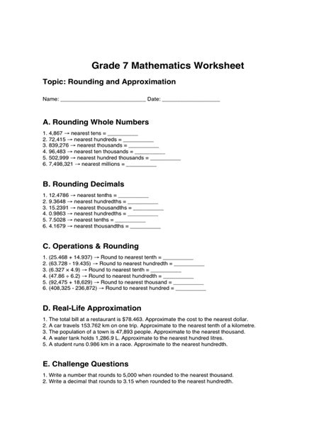 Grade 7 Rounding Math Worksheet Pdf