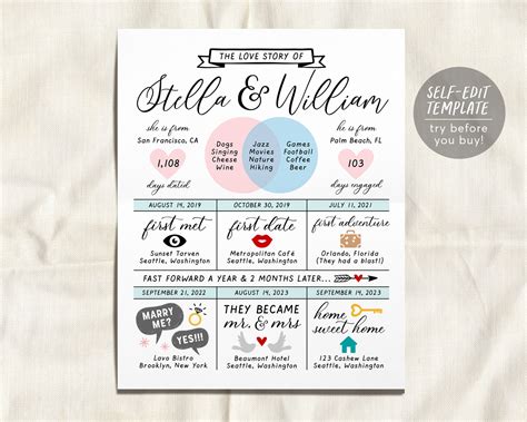 Editable Love Story Dates Timeline Template Important Dates First Anniversary Gift Wedding