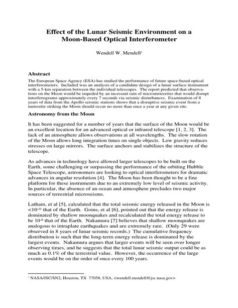 Pdf Effect Of The Lunar Seismic Environment On A Moon Based Optical Interferometer