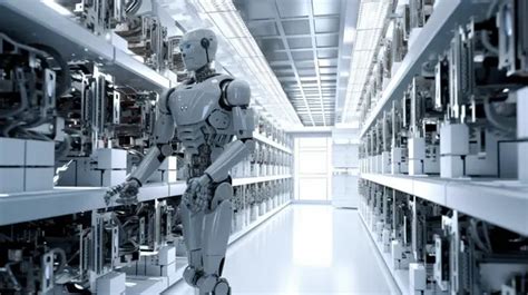 3d Rendering Robot Arm In An Automated Server Room Background Server