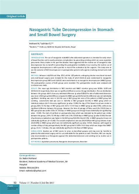 Pdf Nasogastric Tube Decompression In Stomach And Small Bowel Surgery