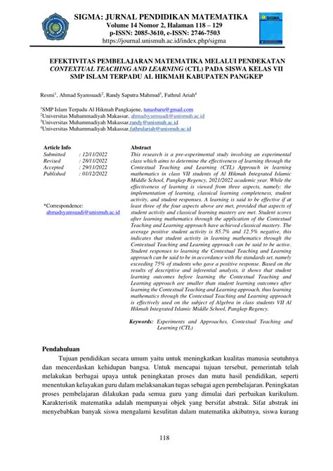 Pdf Efektivitas Pembelajaran Matematika Melalui Pendekatan Contextual Teaching And Learning