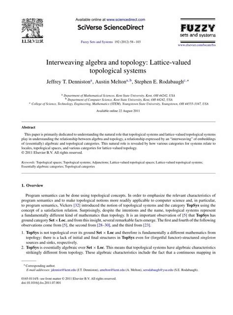 Pdf Interweaving Algebra And Topology Lattice Valued Topological Systems Dokumentips