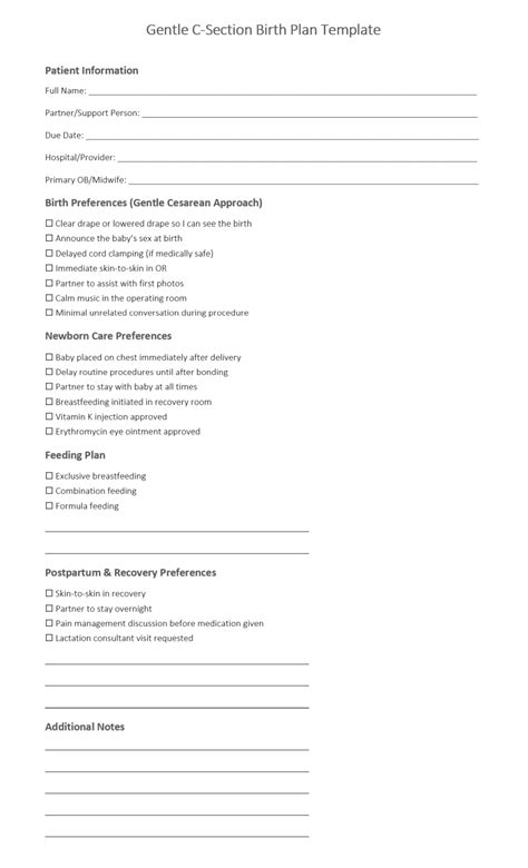 Gentle C Section Birth Plan Template 2nd Free Printable Design Two