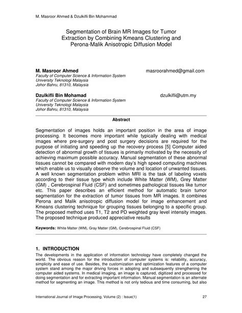 Pdf Segmentation Of Brain Mr Images For Tumor Extraction By Combining Kmeans Clustering And