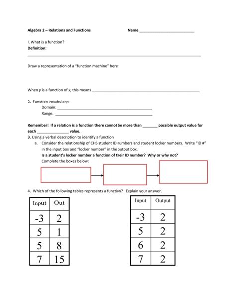 Algebra 2 Relations And Functions Worksheet