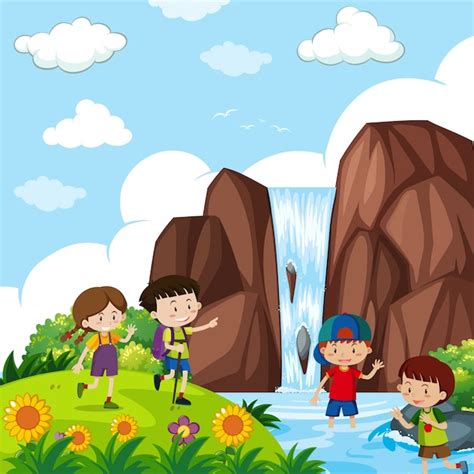 Vier Kinder Am Wasserfall Premium Vektor