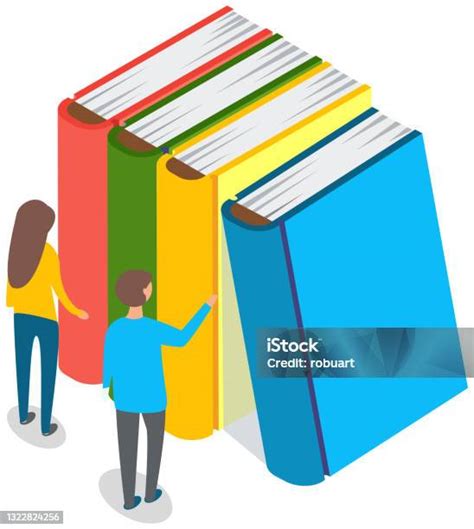 사람들은 온라인 도서관이나 서점에서 책을 선택하고 대형 다색 책의 스택 근처에 서 개념에 대한 스톡 벡터 아트 및 기타 이미지 개념 과학 교육 Istock