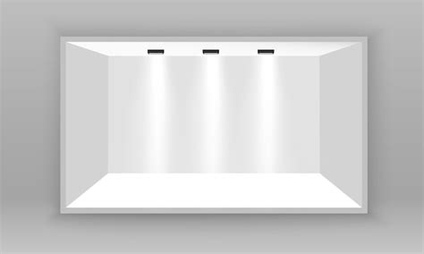 흰색 빈 홍보 3d 전시회 부스 프레 젠 테이션을위한 현장 쇼 연단 회색 배경에 스포트 라이트로 프리젠 테이션을위한 흰색 빈