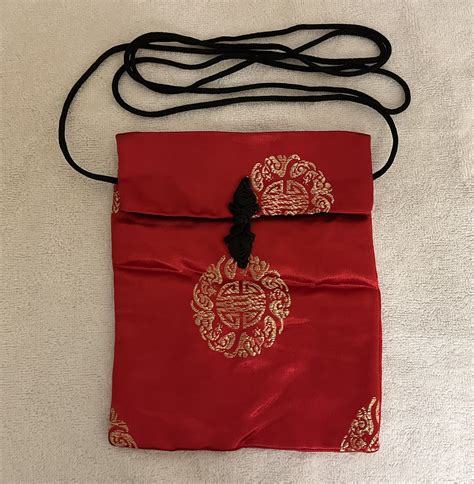 Mini Oriental Style Red Silk Pursepouch With Shoulder String 7” X 6
