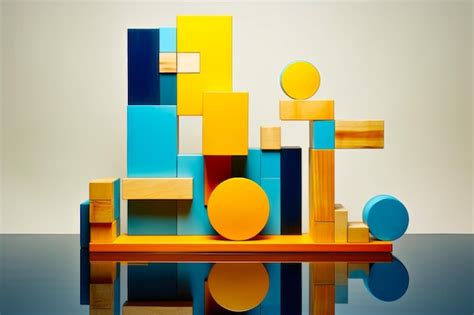 Premium Photo Table With Yellow Circle And Blue And Yellow Block Generative Ai