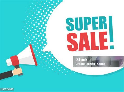 슈퍼 판매와 확성기를 들고 남성 손 연설 거품이 있다입니다 스피커입니다 비즈니스 마케팅 및 광고 배너입니다 벡터 일러스트입니다 계절에 대한 스톡 벡터 아트 및 기타 이미지