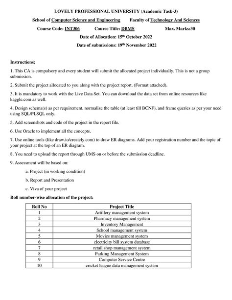Dbms Project Instruction LOVELY PROFESSIONAL UNIVERSITY Academic Task Babe Of Computer