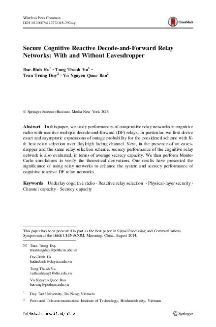Pdf Secure Cognitive Reactive Decode And Forward Relay Networks With And Without Eavesdropper