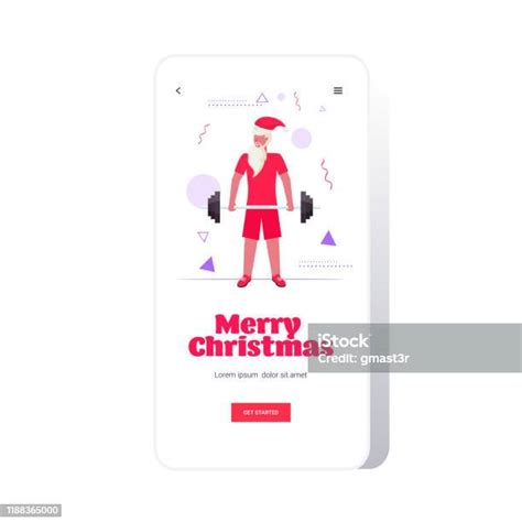 산타 클로스 리프팅 바벨 수염 남자 훈련 운동 건강한 라이프 스타일 개념 크리스마스 새해 축하 스마트 폰 화면 온라인 모바일 앱