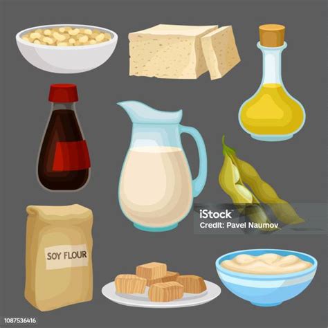 콩 음식 제품 세트 우유 기름 소스 두 부 콩 밀가루 건강 한 다이어트 유기농 채식 음식 벡터 일러스트 레이 션 대두 콩에 대한 스톡 벡터 아트 및 기타 이미지 Istock