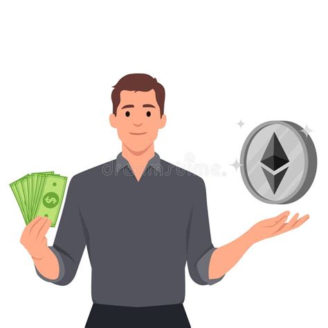 Young Man Hold Etherium Coin Sign In Hand And Dollar Money Person With