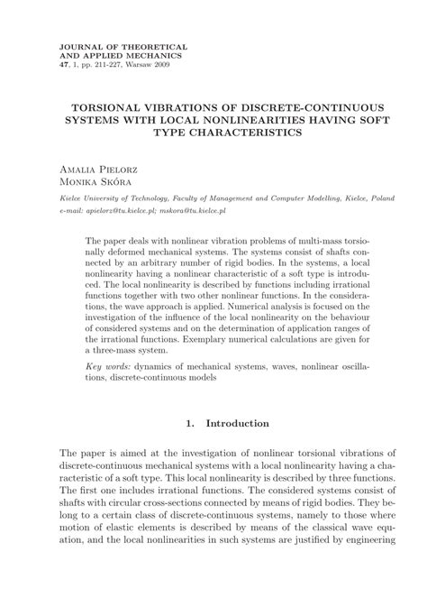 Pdf Torsional Vibrations Of Discrete Continuous Systems With Local Nonlinearities Having Soft