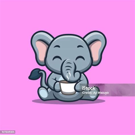 코끼리 앉아있는 음료 커피 귀여운 크리에이티브 카와이 만화 마스코트 로고 0명에 대한 스톡 벡터 아트 및 기타 이미지 0명 갈색 감정 Istock