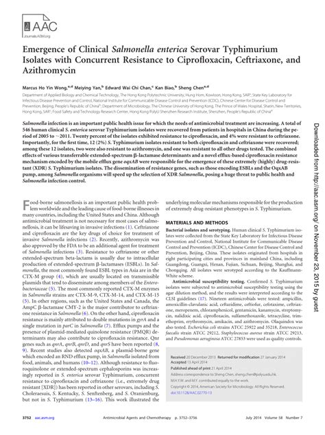 Pdf Emergence Of Clinical Salmonella Typhimurium With Concurrent Resistant To Ciprofloxacin