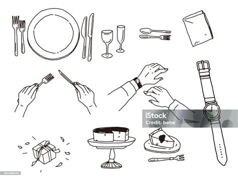 흑백 모노톤 라인 드로잉 일러스트레이션 흑백 일러스트레이션 모노톤 및 라인 드로잉 매너 접시 접시 케이크 도넛에 대한 스톡 벡터 아트 및 기타 이미지 Istock