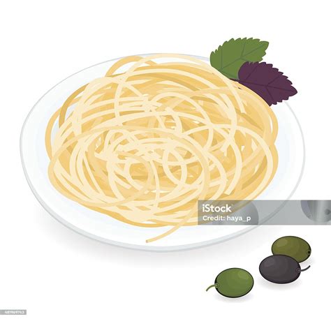 요리로는 스파케티 및 바실은 저녁에만 민트 잎 Pickling 올리브 파스타에 대한 스톡 벡터 아트 및 기타 이미지 파스타 일러스트레이션 접시 Istock