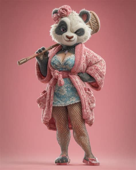 Playful Panda Character In Pink Robe With Hairbrush And Attitude Stock