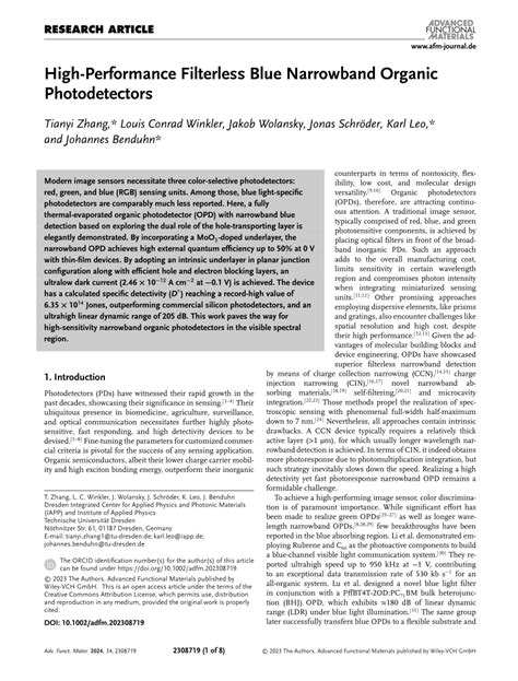 Pdf High‐performance Filterless Blue Narrowband Organic Photodetectors