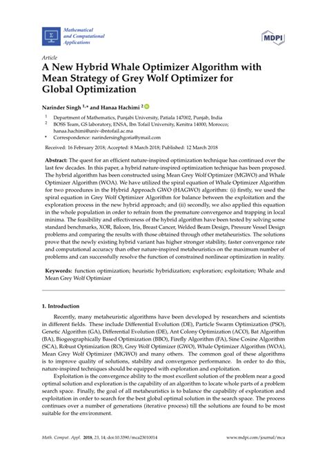 Pdf A New Hybrid Whale Optimizer Algorithm With Mean Strategy Of Grey Wolf Optimizer For