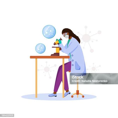 실험실 작업자 플랫 컬러 벡터 얼굴없는 문자 건강 검진 현미경을 가진 여자 웹 그래픽 디자인 및 애니메이션을 위한 미생물 연구 고립 된 만화 일러스트레이션 검사 보기에 대한