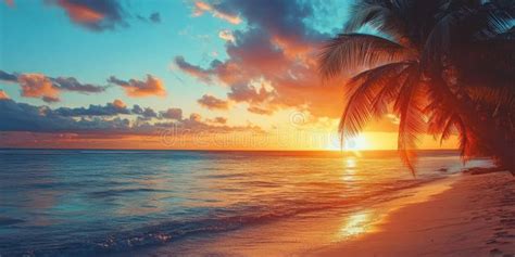 Tropical Sunset Over A Beach Featuring Palm Trees And Tranquil Water